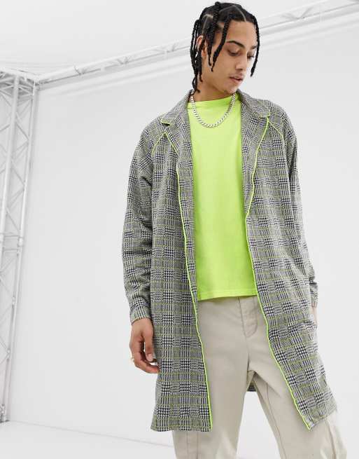Asos Design Oversized Jersey Duster Jacket In Neon Check With Piping Asos