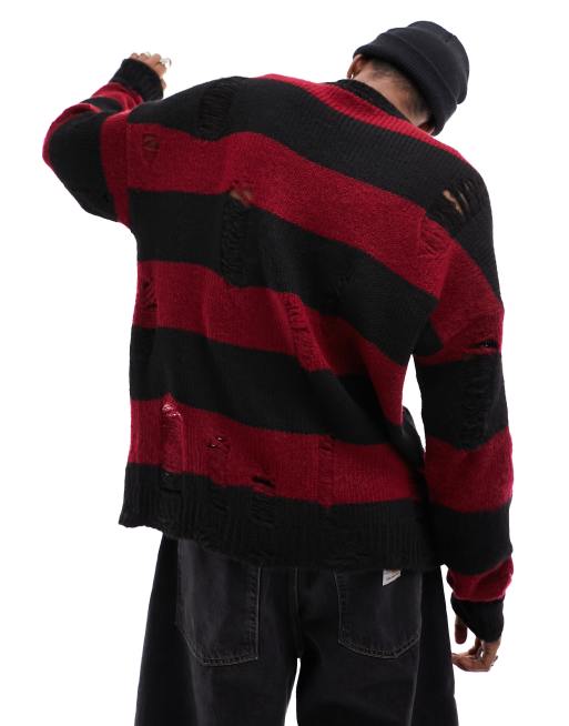 ASOS DESIGN oversized knit distressed sweater with black and red stripe ...