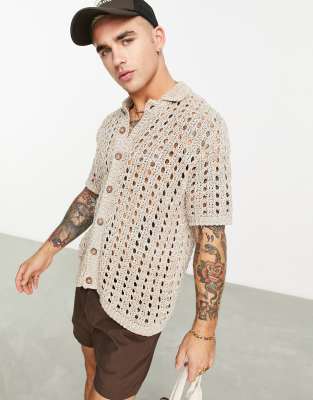 ASOS DESIGN oversized knitted button through pointelle polo in beige | ASOS