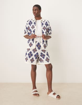 ASOS DESIGN oversized knitted shorts co-ord with aztec pattern in blue ...
