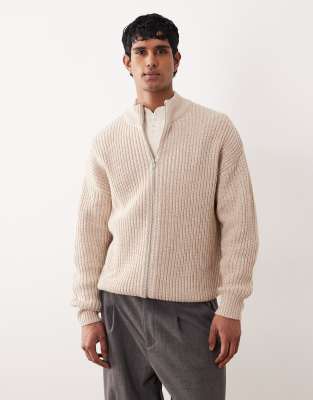ASOS DESIGN oversized knitted zip through funnel neck cardigan in beige ...