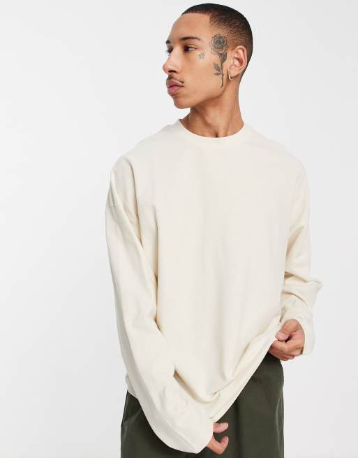 Asos Design Oversized Long Sleeve Pique T Shirt In Beige Asos