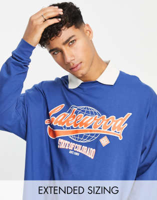 ASOS DESIGN oversized long sleeve polo t-shirt in navy with Lakewood ...