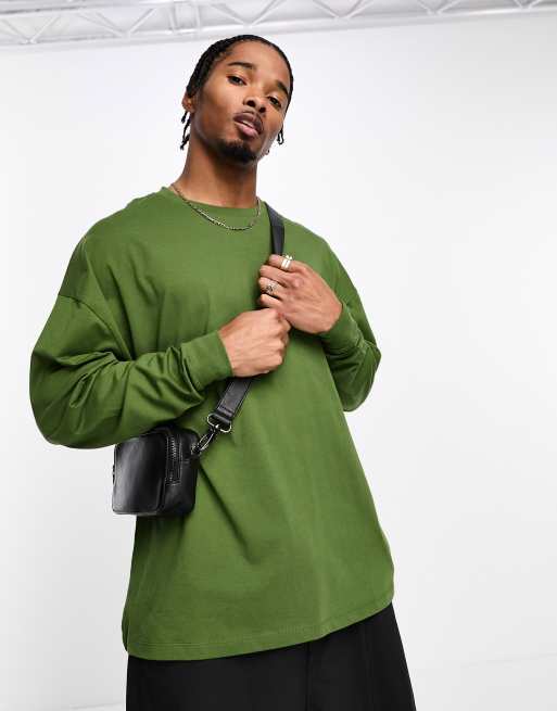 Asos Design Oversized Long Sleeve T Shirt With Crew Neck In Green Asos