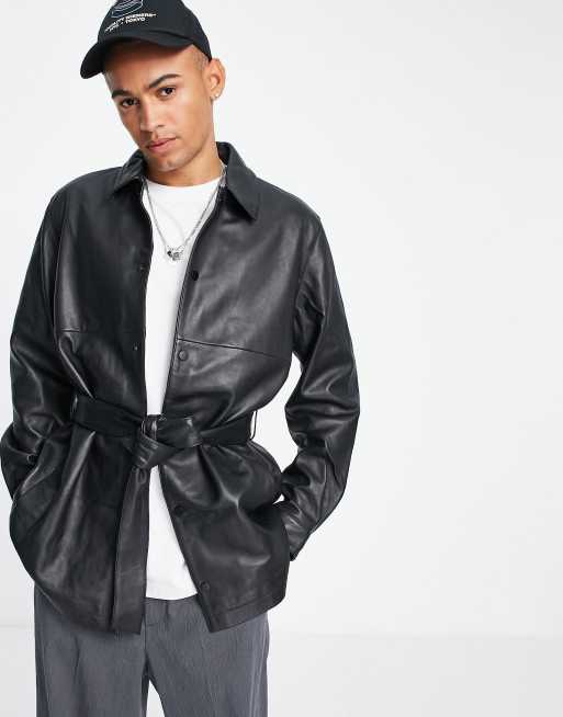 ASOS DESIGN oversized longline leather shacket in black | ASOS
