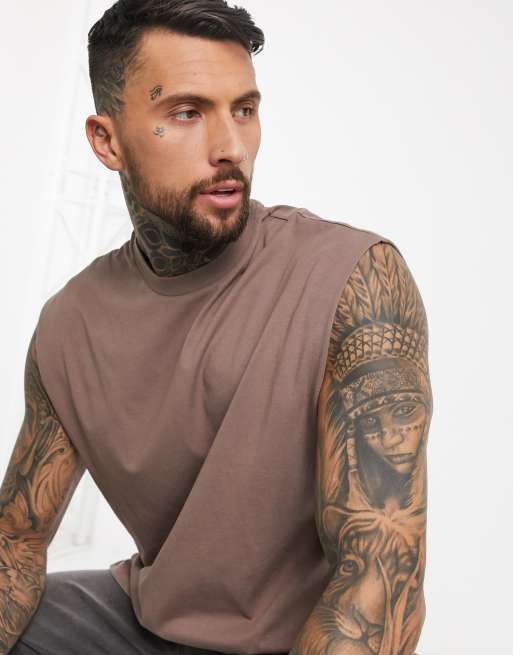 Asos Design Oversized Longline Sleeveless T Shirt In Brown Asos