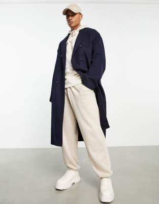 ASOS DESIGN oversized longline wool mix overcoat in navy | ASOS