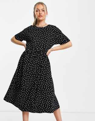 Asos Design Oversized Midi Smock Dress In Mono Spot-black | ModeSens
