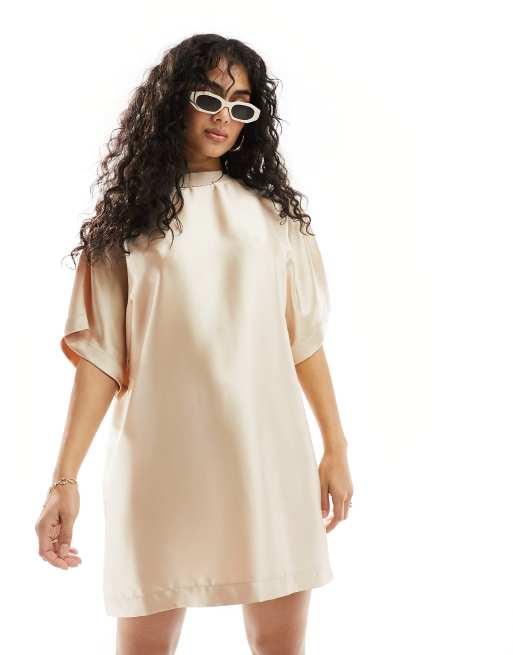 Asos Design Oversized Mini T Shirtjurk Van Satijn In Champagne Asos