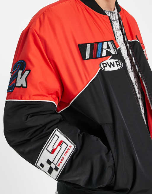 Asos Design Motocross Bomber Jacket With Badging In Blue