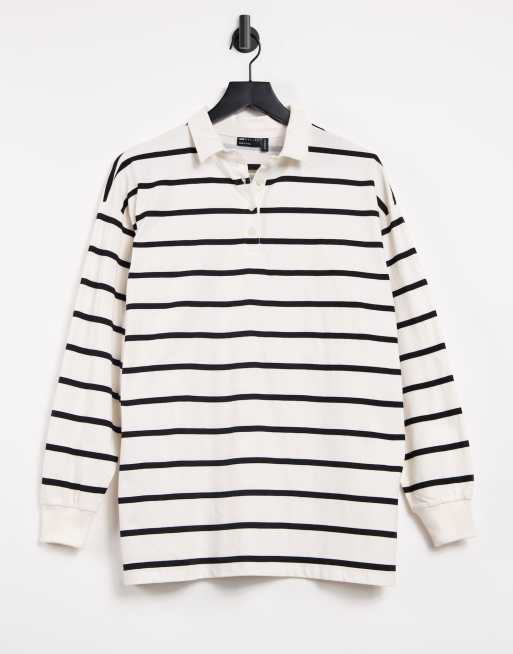 Asos Design Oversized Polo T Shirt In Ecru And Black Stripe Asos