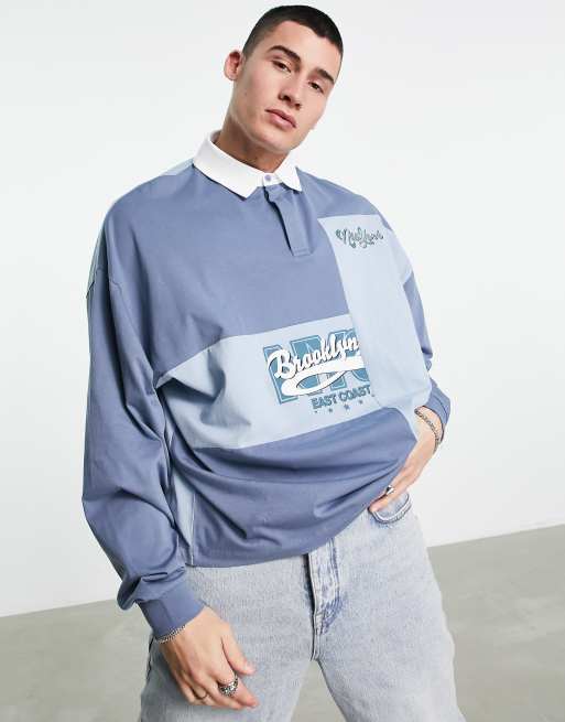 ASOS DESIGN oversized polo t-shirt with spliced colour block in blue | ASOS