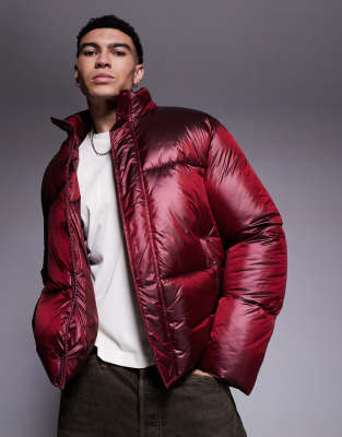 ASOS DESIGN oversized puffer jacket in metallic burgundy | ASOS