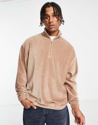 ASOS DESIGN oversized quarter zip sweatshirt in brown ribbed velour | ASOS
