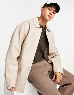 ASOS DESIGN oversized real leather shacket in beige | ASOS