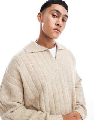 ASOS DESIGN oversized rib knit notch neck sweater in heathered stone | ASOS