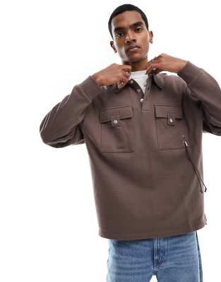 ASOS DESIGN oversized rugby polo with pocket detail in brown | ASOS