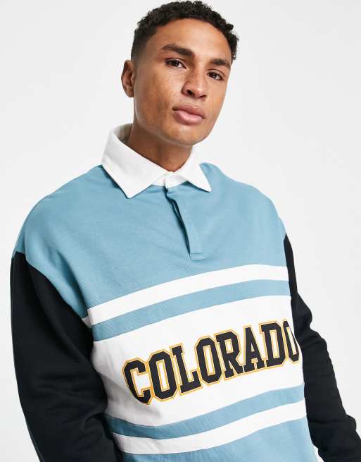 ASOS DESIGN oversized rugby sweatshirt in colour block with city print ...