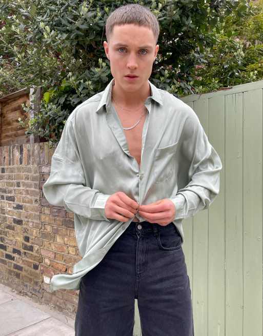 Asos Design Oversized Satinhemd In Salbeigrün Asos