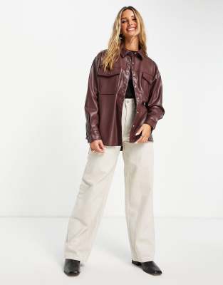 ASOS DESIGN oversized shacket in pu in brown | ASOS