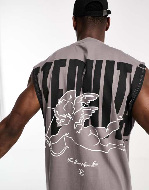 ASOS DESIGN oversized singlet in charcoal with cherub back print | ASOS