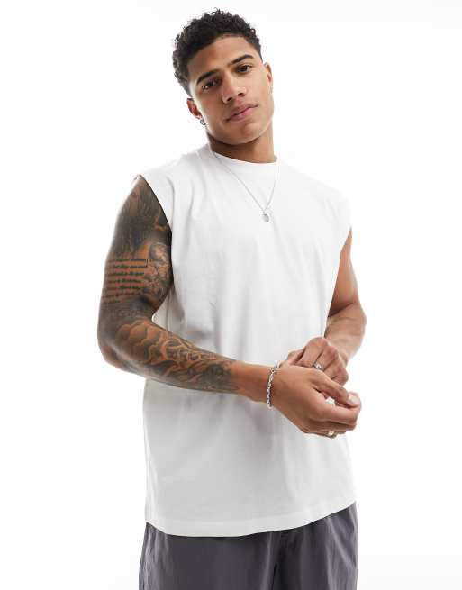 ASOS DESIGN oversized singlet in off white with spine print | ASOS