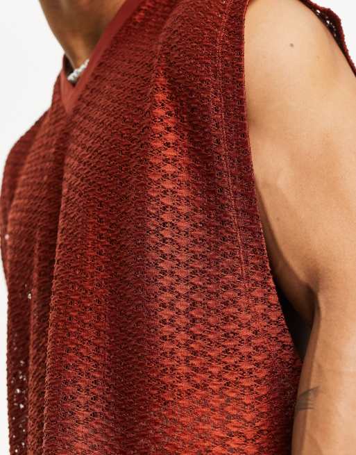 ASOS DESIGN oversized singlet in rust crochet texture with v-neck | ASOS
