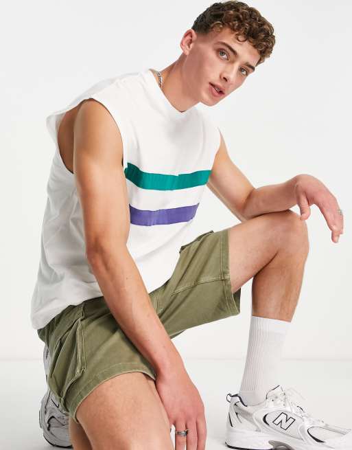 ASOS DESIGN oversized singlet in white with blue and green colour block ...