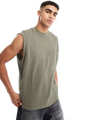 ASOS DESIGN oversized singlet with front pocket in khaki | ASOS