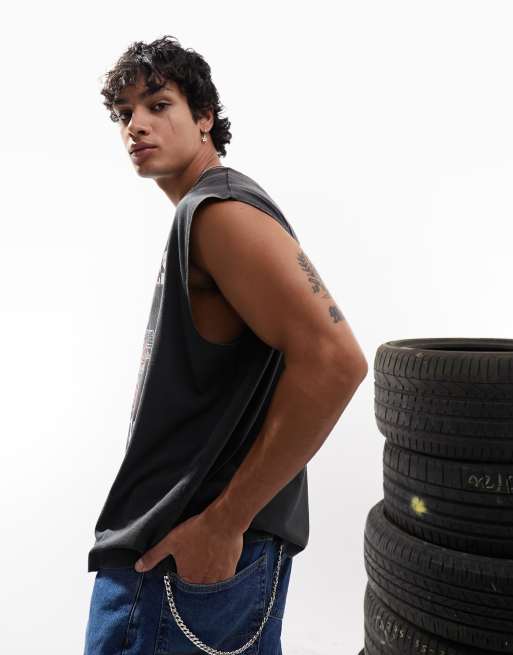 ASOS DESIGN oversized singlet with Guns N' Roses print in washed black ...