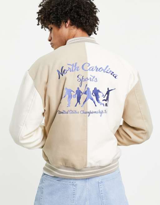 ASOS DESIGN oversized spliced bomber jacket with embroidery in stone | ASOS