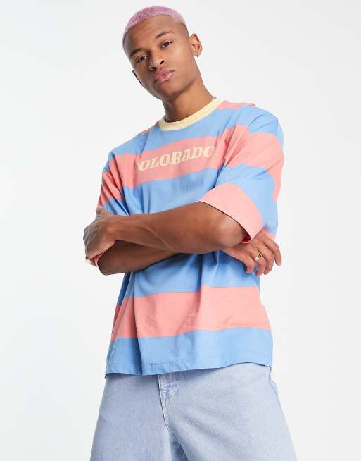 Asos Design Oversized Stripe T Shirt With City Print In Blue And Pink Asos