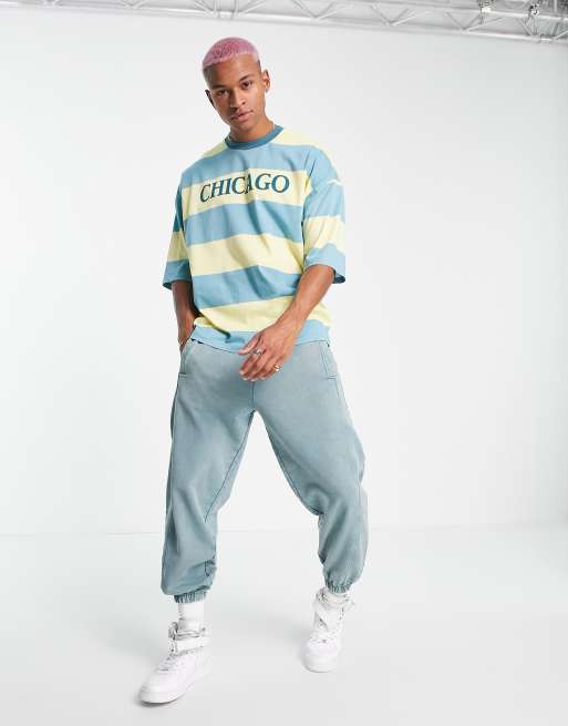 Asos Design Oversized Stripe T Shirt With City Print In Green And Yellow
