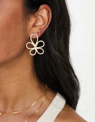 ASOS DESIGN oversized stud earrings with floral crystal design in gold ...