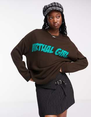 ASOS DESIGN oversized sweater with Virtual Girl text pattern in brown ...