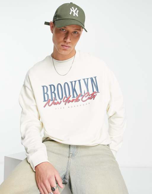 Asos Design Oversized Sweatshirt In Off White With Rubberised Brooklyn