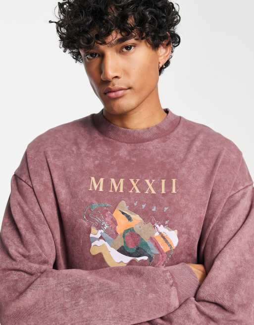 ASOS DESIGN oversized sweatshirt in washed brown with abstract front ...