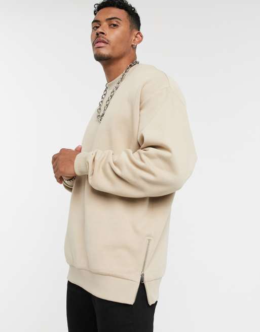 Asos Design Oversized Sweatshirt With Silver Side Zips In Beige Asos
