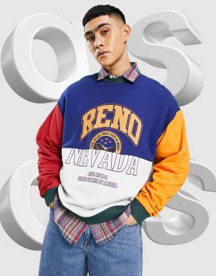 ASOS DESIGN oversized sweatshirt with spliced collegiate print & colour ...