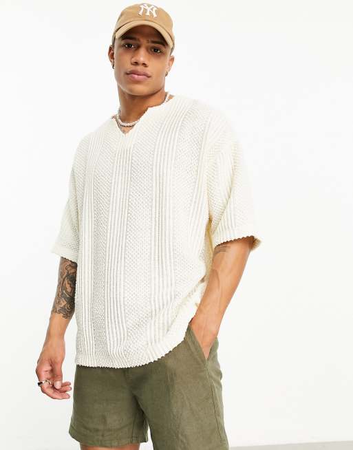 Asos Design Oversized T Shirt In Beige Texture With Neck Detail Asos