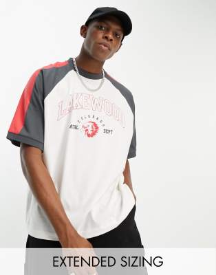 ASOS DESIGN oversized t-shirt in black raglan color block with city ...