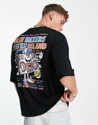 ASOS DESIGN oversized T-shirt in black with cartoon back & chest print ...
