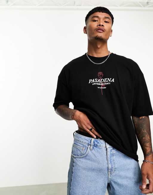 Asos Design Oversized T Shirt In Black With Rose Chest Print Asos