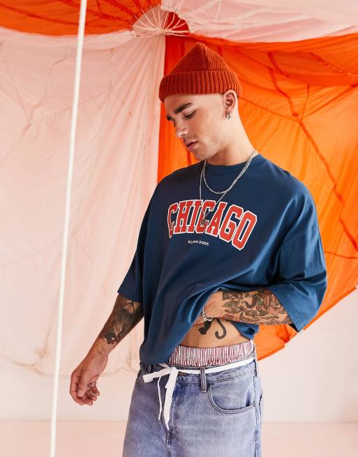 Asos Design Oversized T Shirt In Blue With Chicago City Print Asos