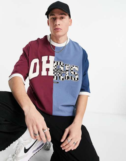 Asos Design Oversized T Shirt In Burgundy And Blue Colour Block With