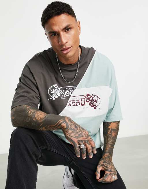 Asos Design Oversized T Shirt In Green And Grey Colour Block With Print