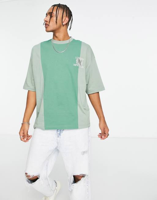 Asos Design Oversized T Shirt In Green Colour Block With Cities Print