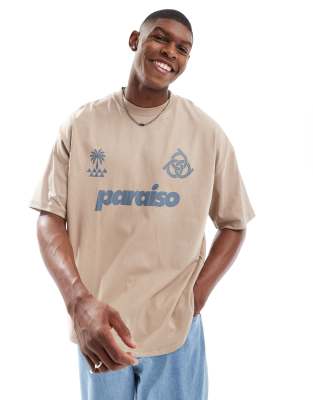 ASOS DESIGN oversized T-shirt with Paraiso front print in beige | ASOS