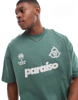ASOS DESIGN oversized T-shirt with Paraiso front print in green | ASOS