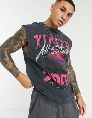 Asos Design Oversized Tank In Washed Black With Basketball Print | ModeSens